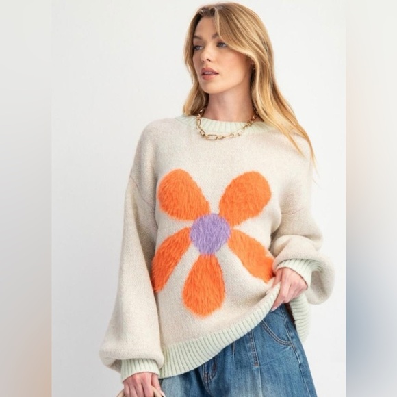 easel | Sweaters | 76 Easel Cost Tancream Oversized Fuzzy Floral ...